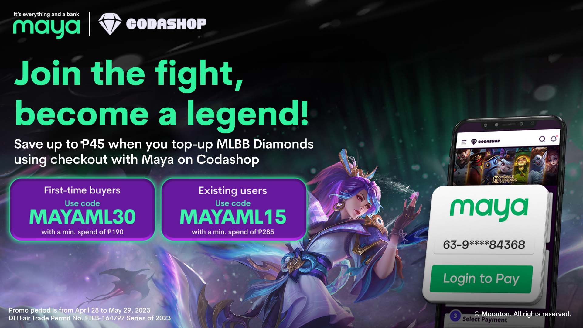 Save up to P45 on your first-ever top-up of MLBB diamonds on Codashop using Maya Checkout!